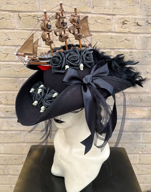 AWESOME BLACK TRICORN Pirate Hat Renaissance Feather Ship Skulls Roses ...