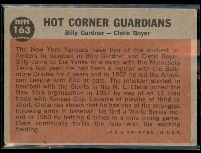 1962 TOPPS #163A Hot Corner Guardians (Clete Boyer/Billy Gardner) EUR 3 ...