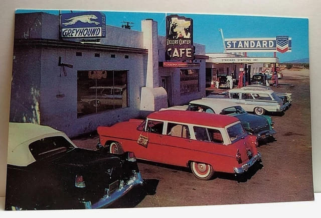 POSTCARD CA DESERT Center Cafe Greyhound Bus Standard Gas 1955 Ford ...