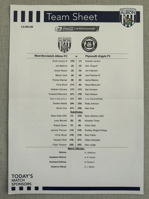 2009/10 - WEST Bromwich Albion v Plymouth Argyle Team Sheet (12/09/09 ...