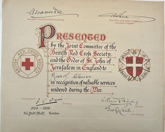 TWO WWI BRITISH Red Cross Society & Order of St. John Recognition ...