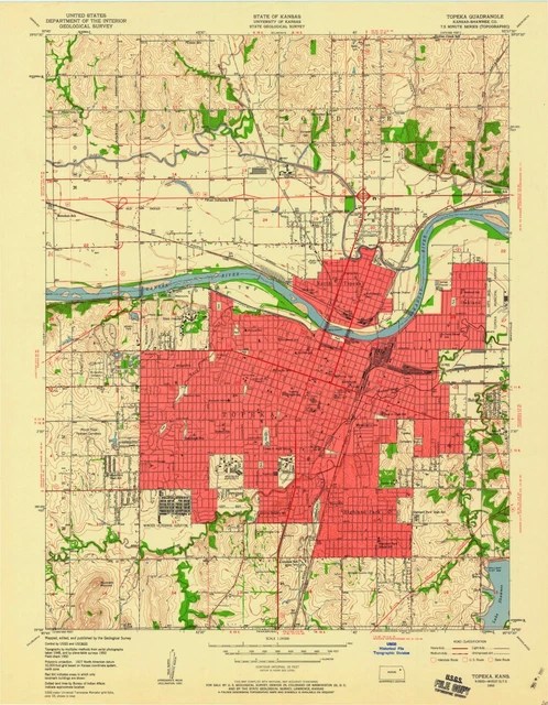 TOPEKA, KS - 1950 - Topographic Map Reproduction of Kansas' Capital ...