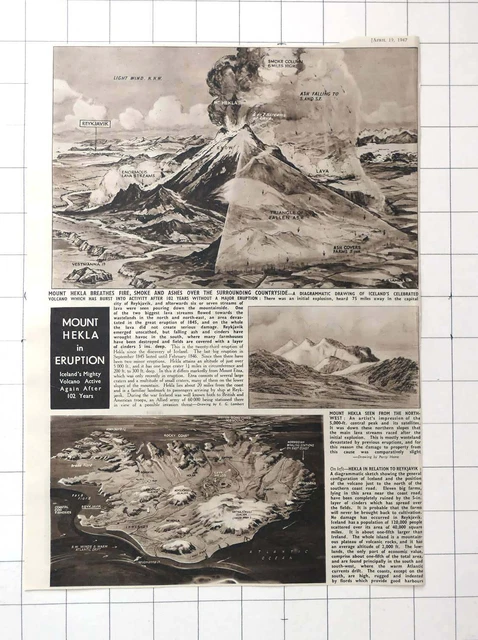 1947 MAPS AND Diagrams Showing Mount Hekla In Eruption In Iceland EUR ...