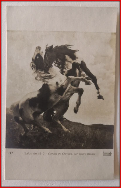 CARTOLINA ANTICA SALON de 1910 Henry Baudot Combat de Chevaux Arte Old ...