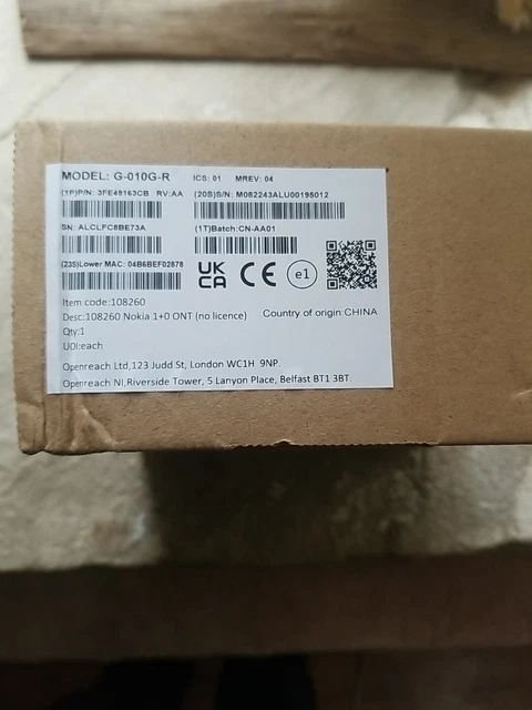 NOKIA-ONT G-010G-R OPENREACH Optical Fibre GPON Terminal BNIB .. £11.12 ...