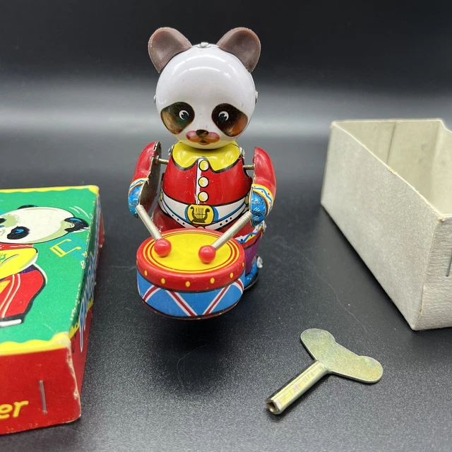 VINTAGE CLOCKWORK PANDA Drummer Wind-up Tin Toy with Key & Box $10.49 ...