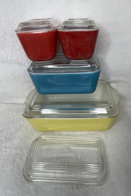VINTAGE PYREX OVEN Refrigerator Set Lids Red Blue Yellow Primary 500 ...