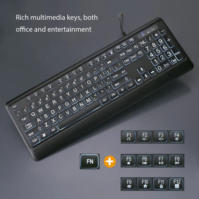 LARGE PRINT KEYBOARD Standard Full Size Ergonomic Keyboard With White ...