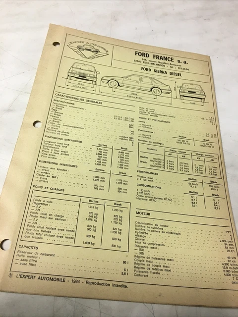 FICHE TECHNIQUE AUTOMOBILE Ford Sierra diesel édition 1984 EUR 8,75 ...