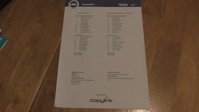 BRIGHTON V Wolves Team Sheet Carabao Cup 18Th September 2024 £1.70 ...