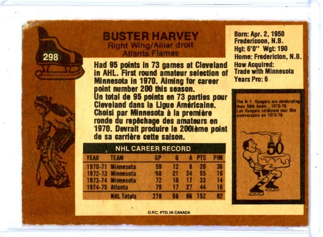 1975-76 O-PEE-CHEE #298 Buster Harvey RC - Atlanta Flames - SET BREAK ...