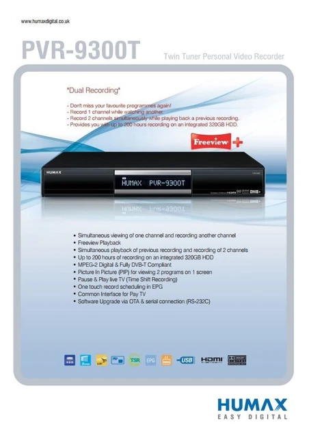 HUMAX PVR-9300T FREEVIEW Box - Twin Tuner Personal Video Recorder ...
