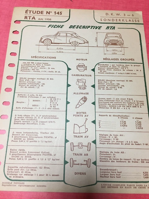 DKW 3 = 6 Sonderklasse fiche technique descriptive RTA 145 1958 EUR 8 ...