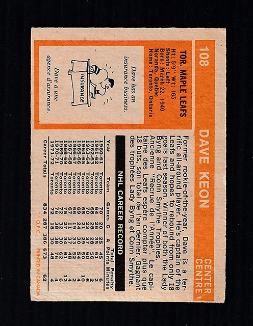 1972-73 DAVE KEON #108 OPC Toronto Maple Leafs HALL OF FAME Star NHL ...
