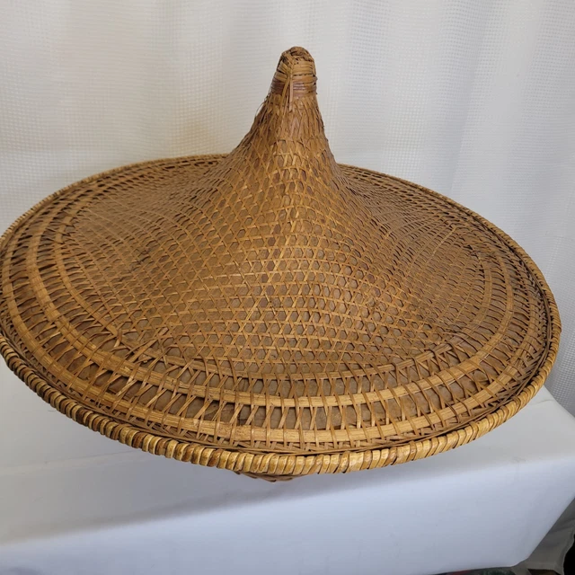 VINTAGE ASIAN WICKER Hat Coolie Bamboo Rice Paddy Sun Hat Conical ...