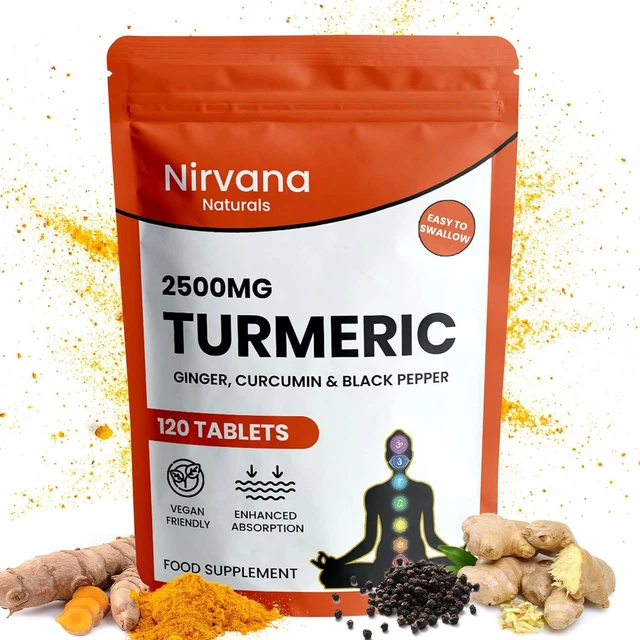 NIRVANA NATURALS TURMERIC Tablets Black Pepper Ginger 2500mg £12.99 - PicClick UK