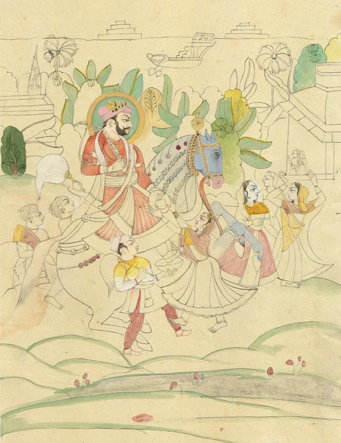 RAJASTHAN MINIATURE PAINTING of Maharaja on Horse of Bundi Raj8.75x11.5 ...