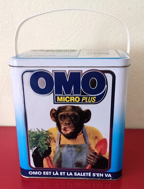 ANCIENNE BOÎTE BARIL métal tôle lessive OMO Micro plus Singe maousse ...