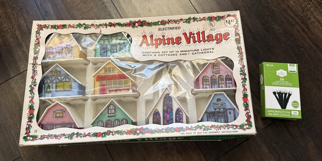 VINTAGE ELECTRIFIED ALPINE Village String Lights Church Cottages ...