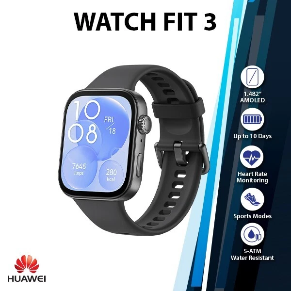 HUAWEI WATCH FIT 3 Bluetooth Android iOS Smartwatch (Black/1.82”/5ATM ...