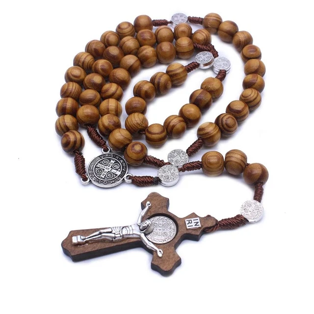 WOOD RELIGIOUS NECKLACE Catholic Crucifix Cross Christian Holy With ...