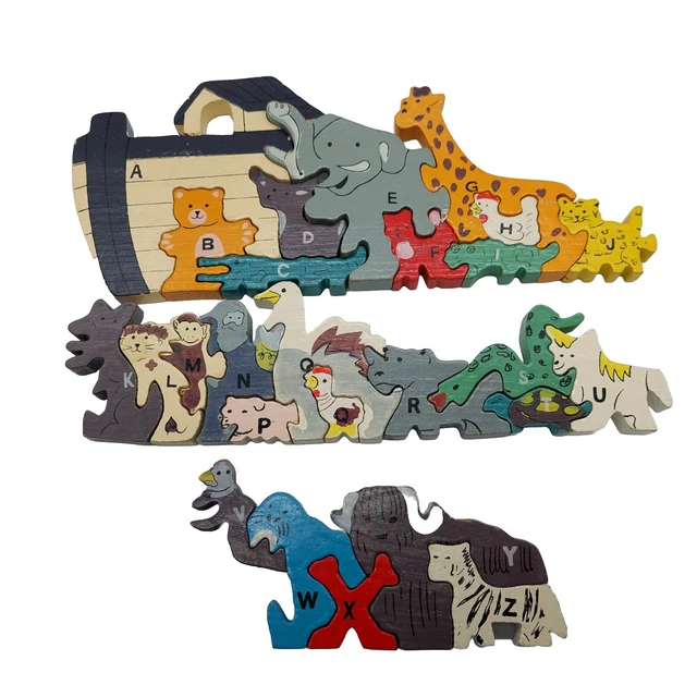 WOODEN NOAH'S ARK Abc Alphabet Puzzle Handpainted Complete 26" Read ...