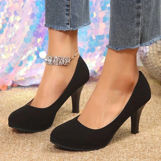 Womens Court Shoes Black Mid Block Heel Ladies Formal Office Shoes Uk