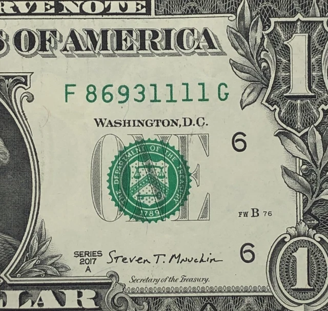 FOUR IN A Row 1s Fancy Serial Number One Dollar Bill F86931111G FW ...