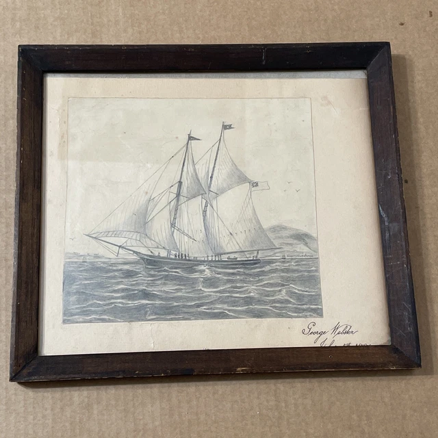 ANTIQUE PENCIL DRAWING of British Yacht Sail Boat Signed George Webster ...