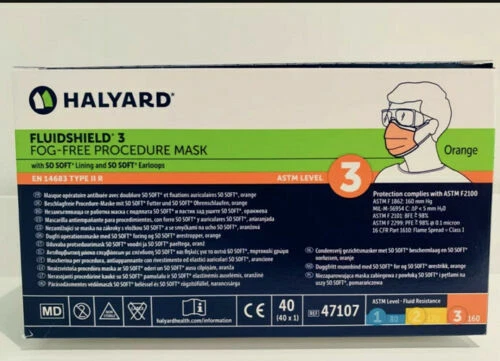 HALYARD ASTM 47107 FluidShield LEVEL 3 Orange Medical Grade Face Masks ...
