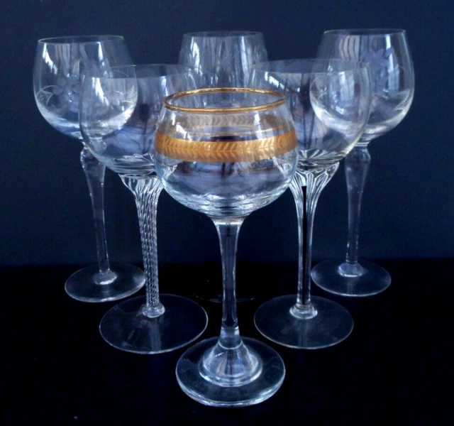 6 MISMATCHED LONG-STEMMED hock wine glasses - minimum capacity 190 mls ...