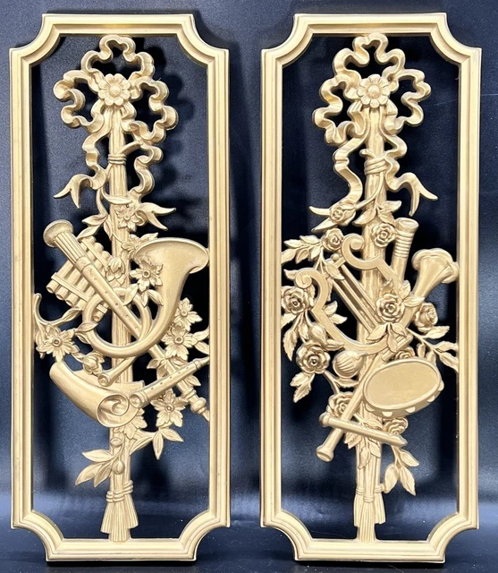 2 SYROCO HOMCO Gold Musical Instrument Wall Plaques 4863 1964 Vintage ...