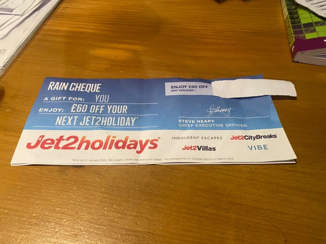 JET2 RAIN CHEQUE Voucher £60 off a holiday until 31/03/25. Book by 31st ...