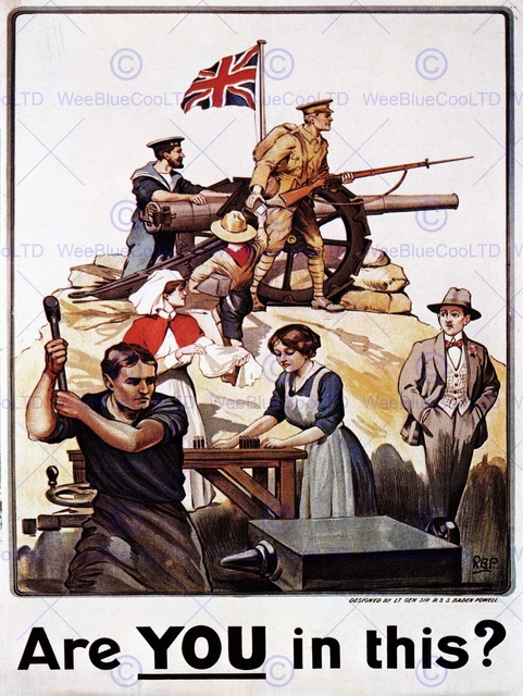 WAR PROPAGANDA ENLIST UK Britain Gun Soldier WW1 Vintage Poster Art ...