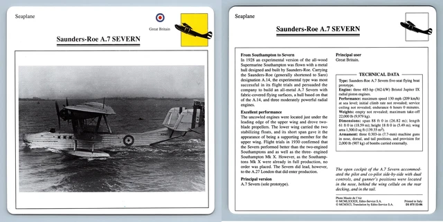 SAUNDERS-ROE A.7 SEVERN - Seaplane - Warplanes Collectors Club Card $2. ...