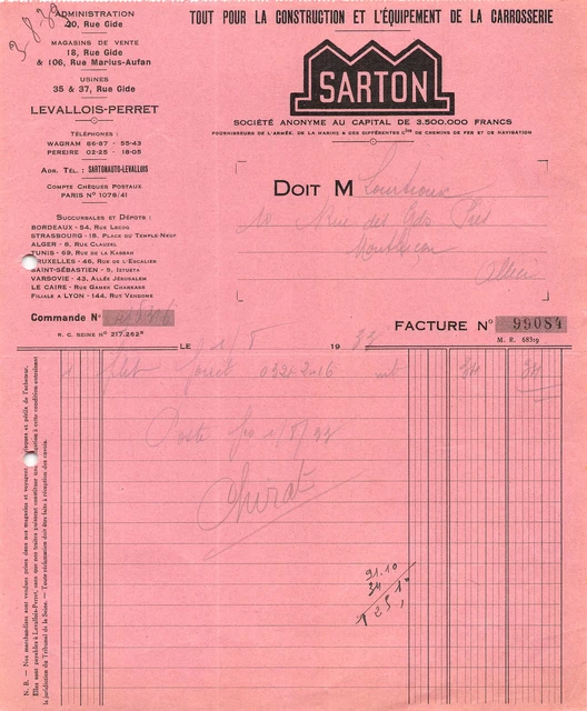 FACTURE 1933 Equipement De Carrosserie Sarton A Levallois Perret - M ...