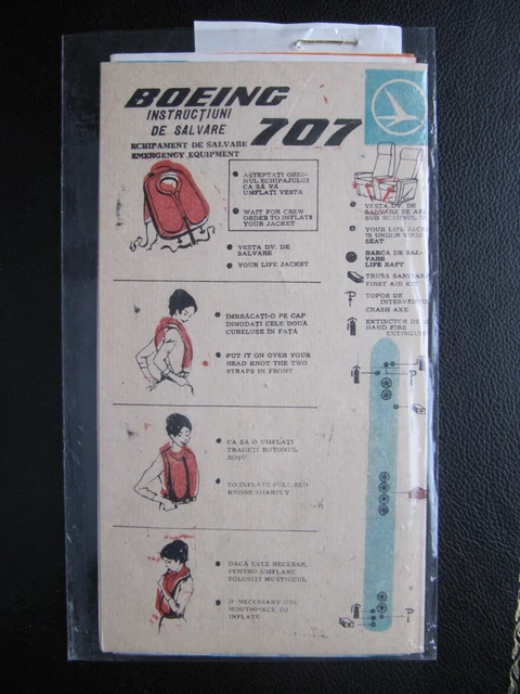 TAROM BOEING B-707 safety card plus route map pin postcard brochure in ...