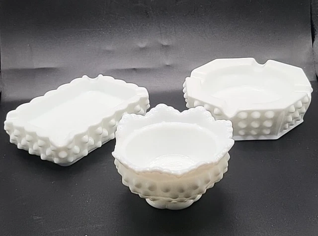 3 VINTAGE FENTON White Milk Glass HOBNAIL Octagon Rectangle Ashtray ...