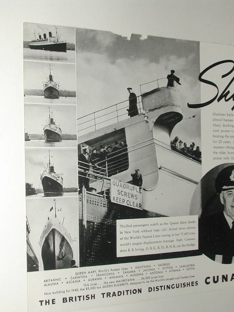 1939 CUNARD WHITE Star Lines advertisement, Queen Mary docking, Cmdr ...