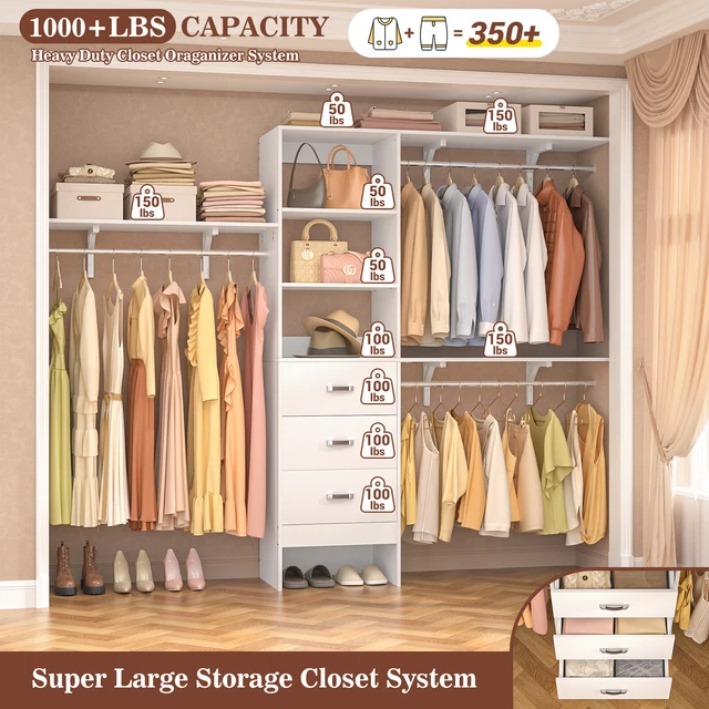 96'' CLOSET SYSTEM, Wood Walk In Closet Organizer,3 Shelving Towers + 3 ...