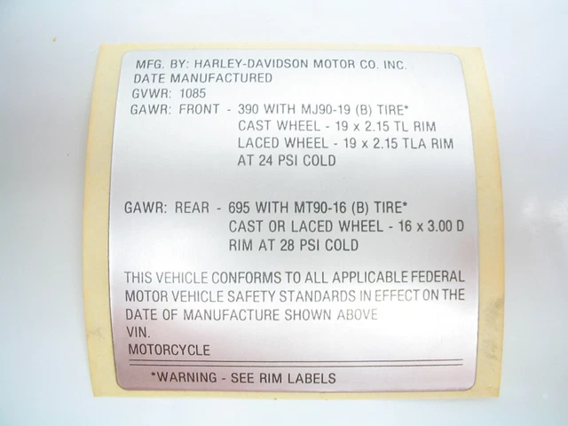 NOS HARLEY FRAME GVWR Identification Label Shovelhead Superglide FX FXR ...