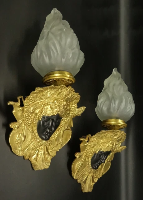 RARE GRANDE PAIRE APPLIQUES, MASCARON BACCHUS, STYLE LOUIS XVI DU XIXe ...
