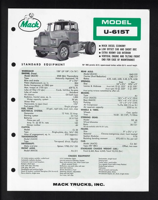 MACK TRUCKS U-615T Specifications Brochure 04/65 $27.50 - PicClick AU