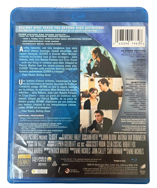 CLOSER BLU-RAY 2004 - Julia Roberts - Jude Law - Natalie Portman - RARE ...