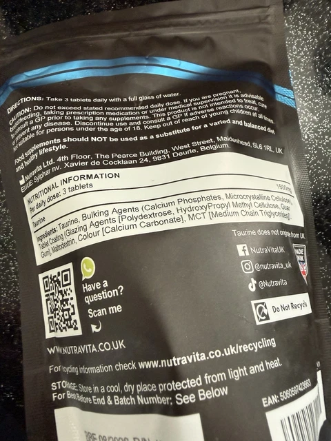 NUTRAVITA TAURINE SUPPLEMENT 1500mg - 180 High Strength Taurine Tablets ...