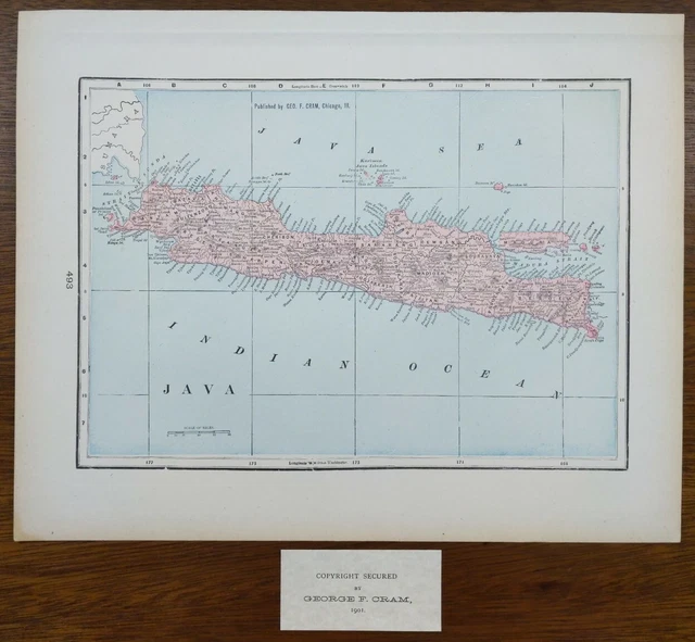 VINTAGE 1901 JAVA Map 14"x11" Old Antique Original BATAVIA JAKARTA ...
