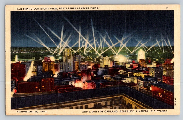 SAN FRANCISCO NIGHT View Bay Battleship Searchlights Lights Oakland CA ...