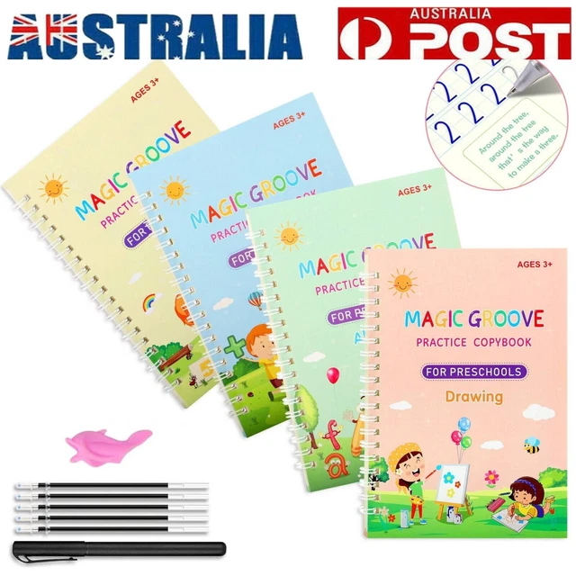 4X REUSABLE GROOVED Writing Books Kids Magic Workbook Handwriting ...