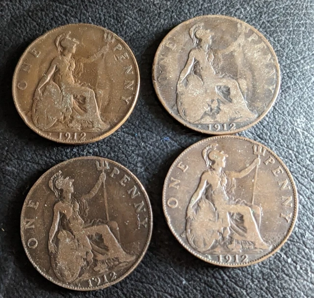 ANTIQUE LARGE OLD Penny, X4 Lot. King George V. 1912. Year of the ...