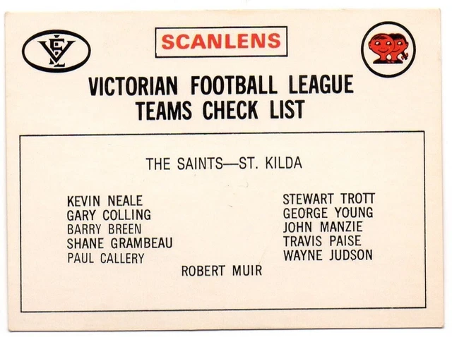 1975 PRE-OWNED SCANLENS Vfl Stkilda Saints Checklist B Card $32.95 ...